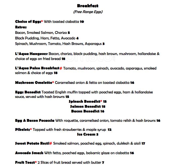 Menu at L'Aqua restaurant, Dromana