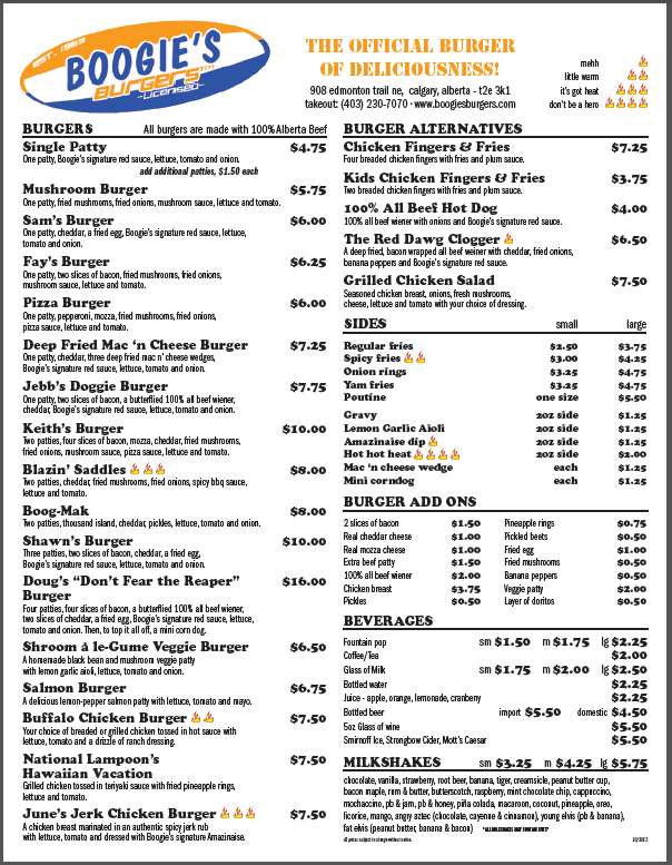 Boogie's Burgers Menu, Menu for Boogie's Burgers, Renfrew, Calgary ...
