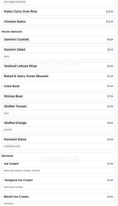 Menu at Toyama Sushi restaurant, Everett