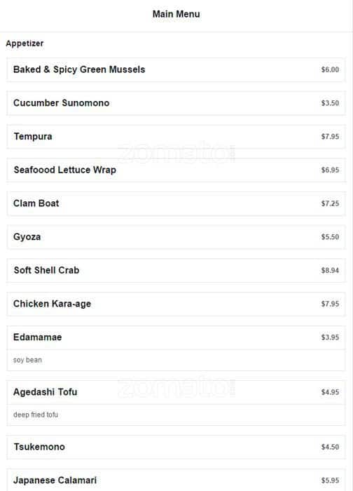 Menu at Toyama Sushi restaurant, Everett