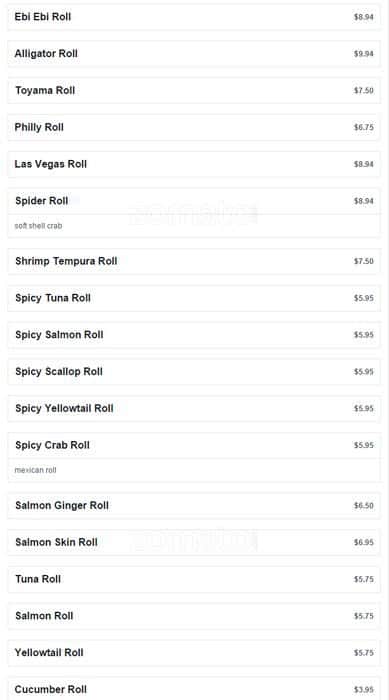 Menu at Toyama Sushi restaurant, Everett