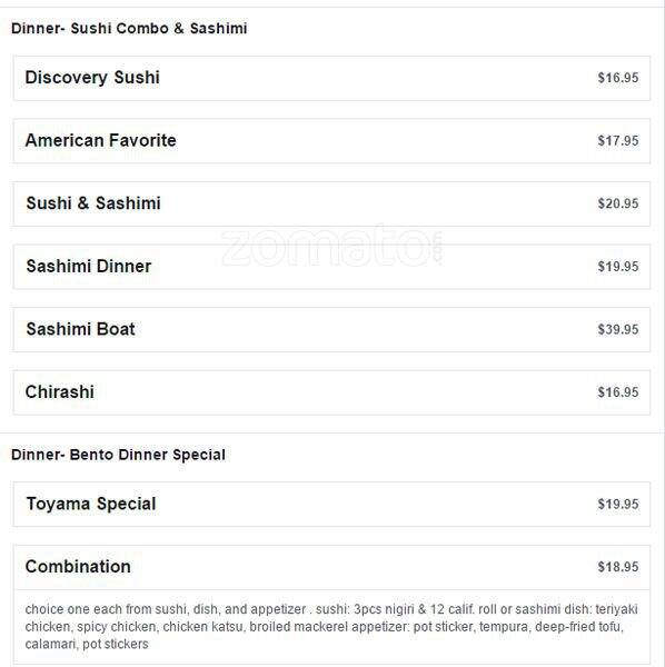 Menu at Toyama Sushi restaurant, Everett