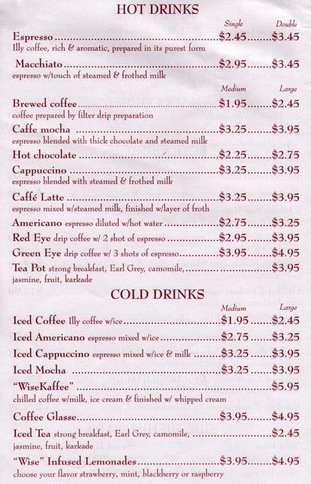 Menu at Wise Espresso Bar, New York City