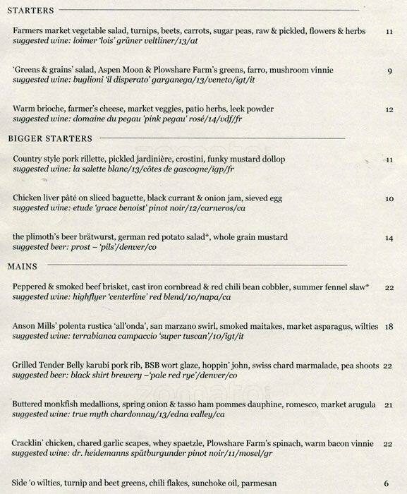 Menu at The Plimoth restaurant, Denver