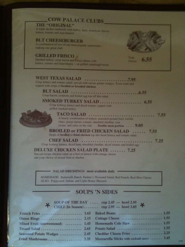 Menu at Cow Palace restaurant, Shelbyville