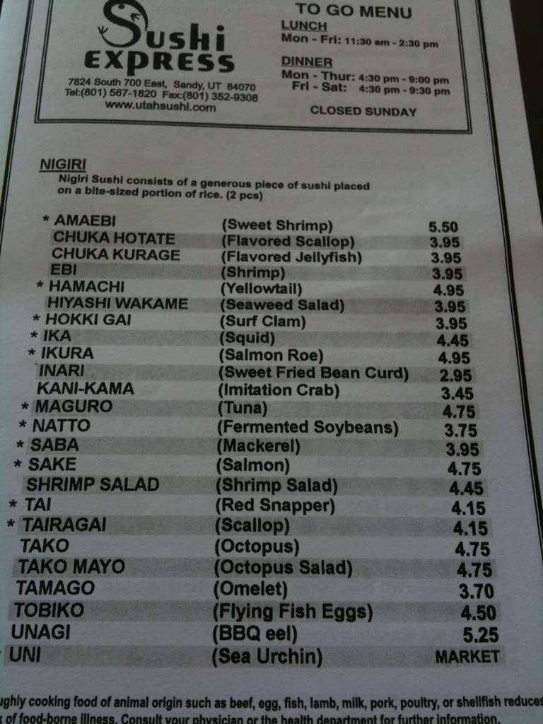 Sushi Express Menu, Menu for Sushi Express, Sandy, Salt Lake City ...