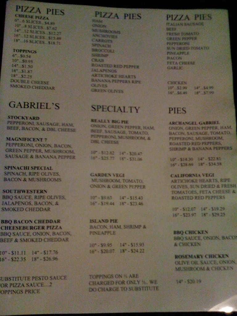 Menu at Gabriel's Pizza pizzeria, Cleveland
