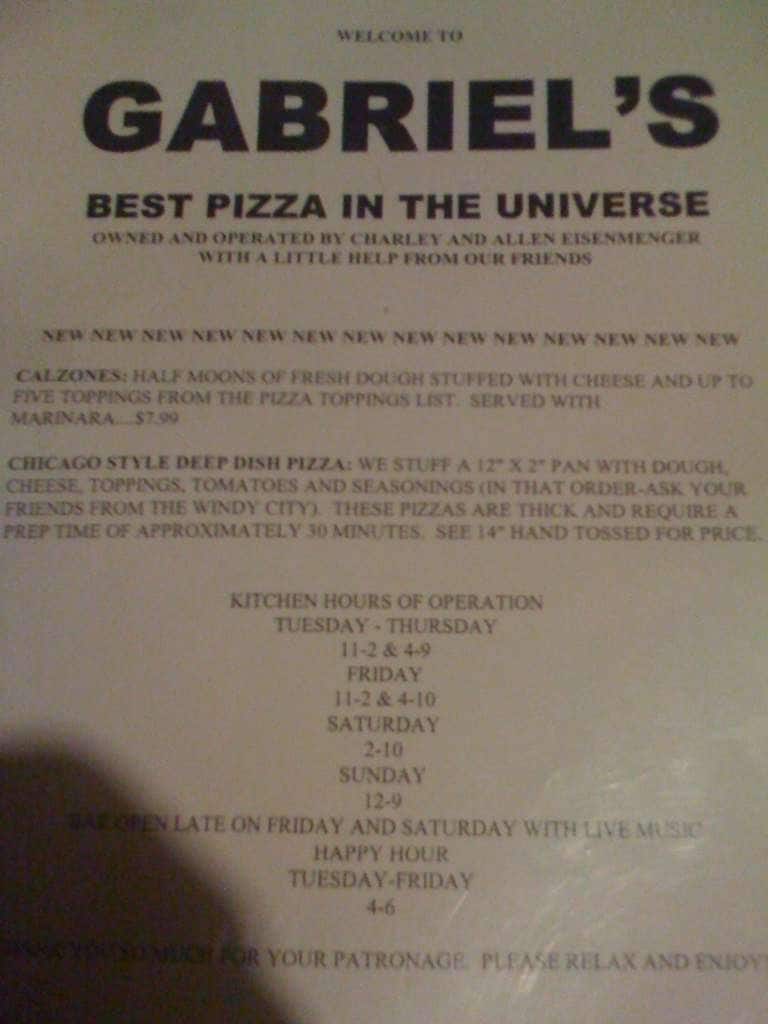 Menu at Gabriel's Pizza pizzeria, Cleveland