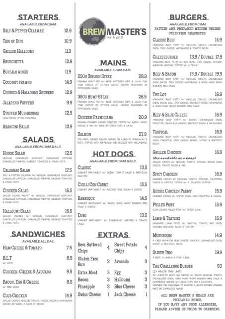 Menu at Brew Master's pub & bar, Wilston
