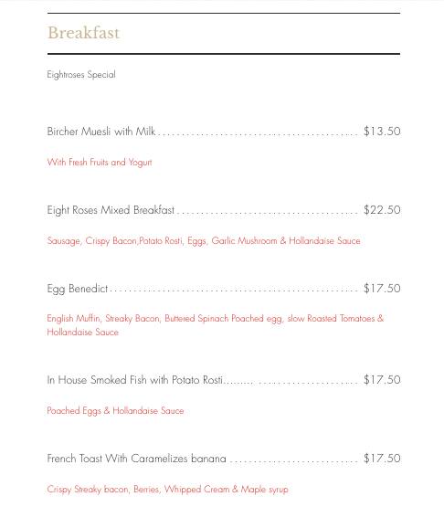 Menu at Eight Roses Buffet Restaurant, Auckland