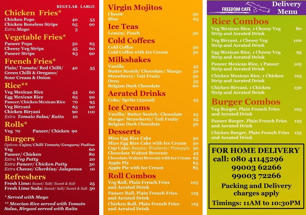 Menu at Freedom Cafe, Bengaluru