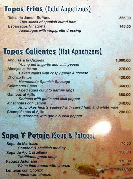 Menu at Señor Alba, Manila