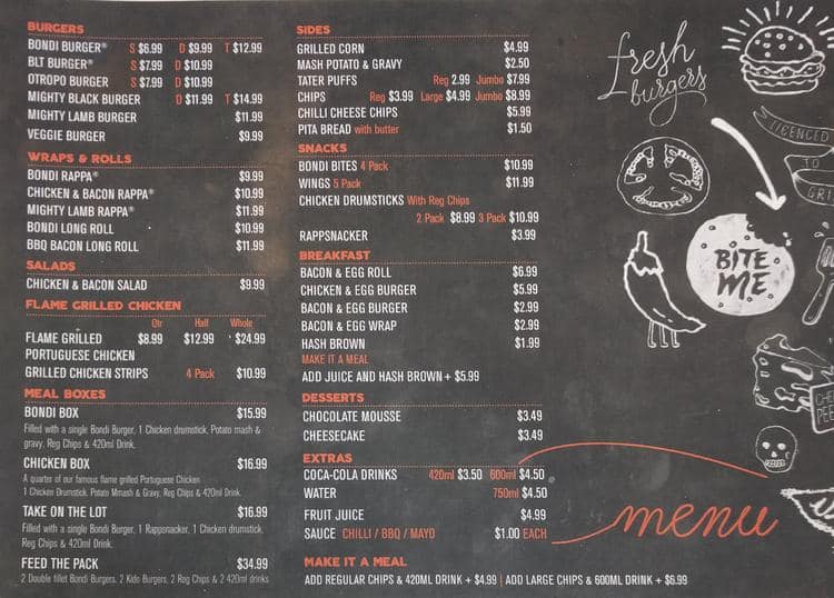 Menu at Oporto restaurant, Hamilton