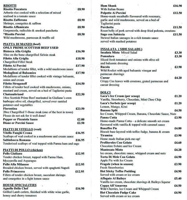 Menu at Lido Restaurant, Edinburgh