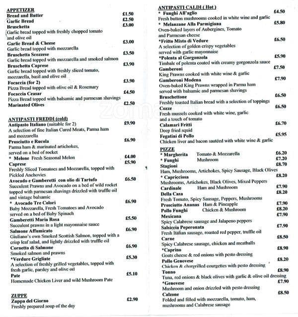 Menu at Lido Restaurant, Edinburgh