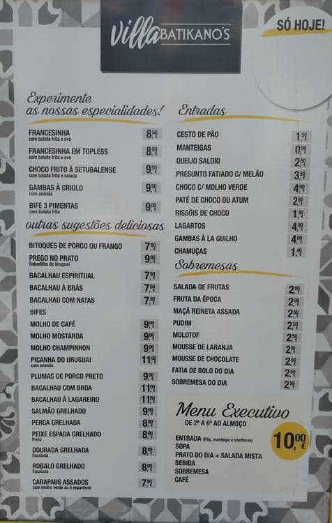 Menu at Batikano's Almada, Lisbon