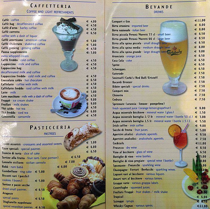 Menu at Caffetteria Antica Roma, Rome, Via di Propaganda