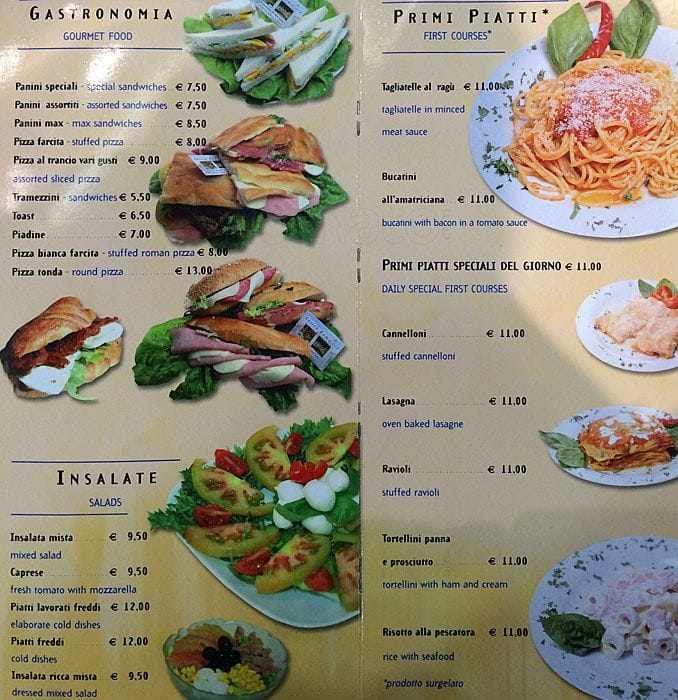 Menu at Caffetteria Antica Roma, Rome, Via di Propaganda