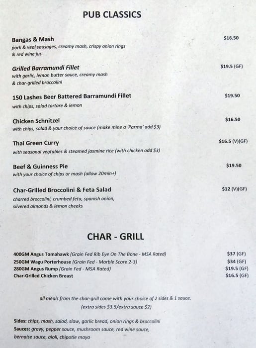 Menu at Pyrmont Bridge Hotel pub & bar, Pyrmont, 96 Union St