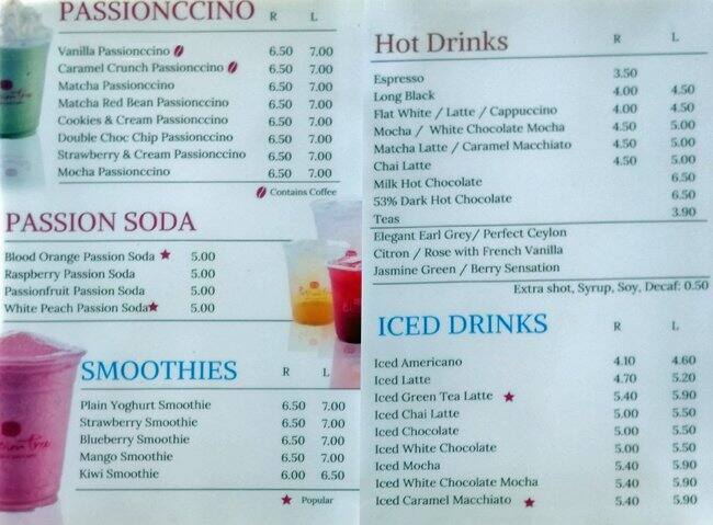 Menu at Passion Tree cafe, Brisbane City