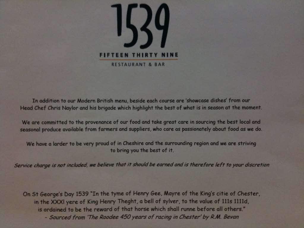 Menu at 1539 Restaurant, Chester