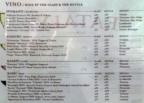 Menu at Osteria Di Eataly restaurant, Chicago