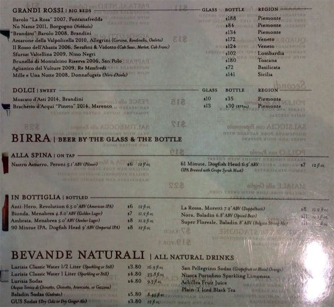 Menu at Osteria Di Eataly restaurant, Chicago