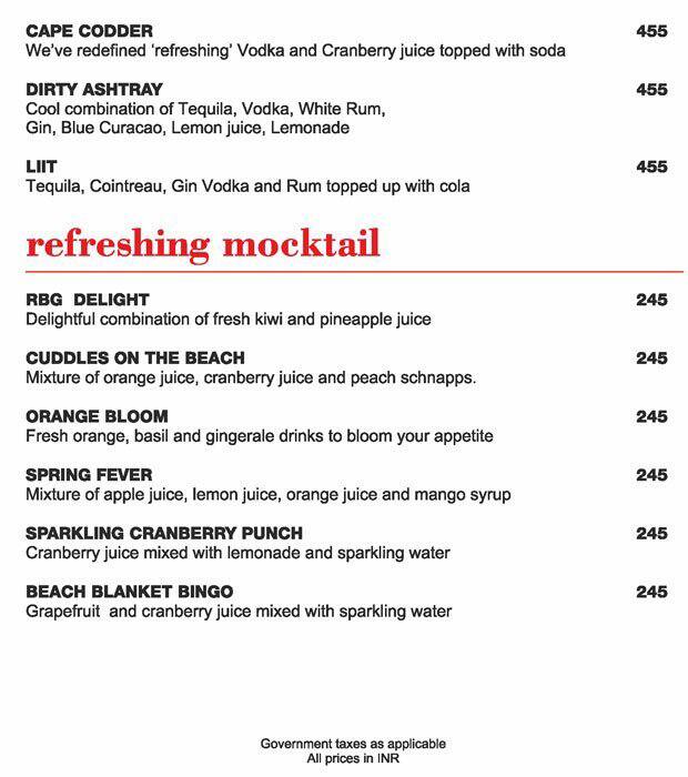 Menu at RBG - Park Inn By Radisson, New Delhi, A1