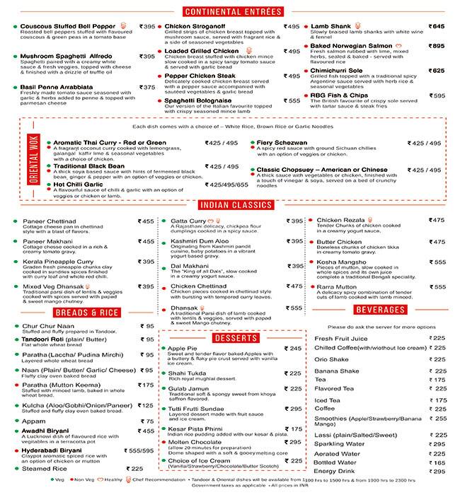 Menu at RBG - Park Inn By Radisson, New Delhi, A1