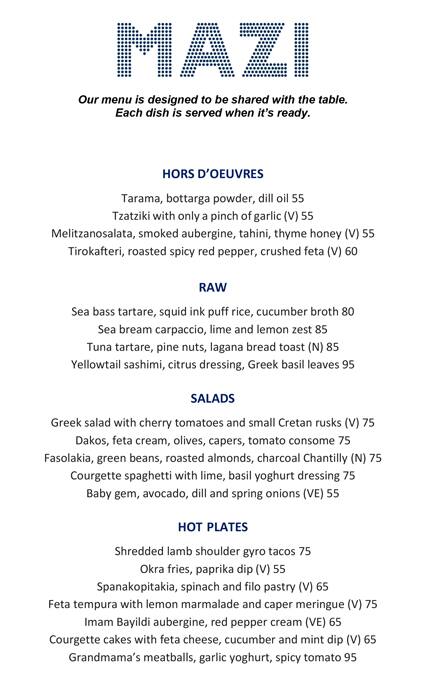 Menu of Mazi, Saadiyat Island, Abu Dhabi