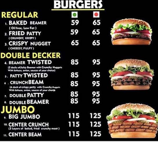 Menu of crunchy burger, Malviya Nagar, New Delhi