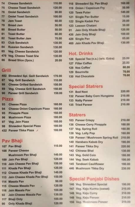 Menu of Shreedevi, Vile Parle West, Mumbai