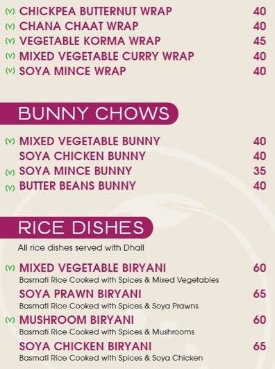 Menu at Prashad Café Rondebosch (previously Maharajah Vegetarian ...