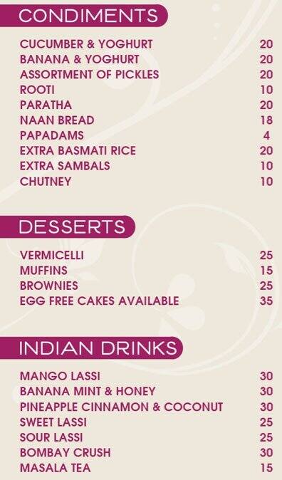 Menu at Prashad Café Rondebosch (previously Maharajah Vegetarian ...