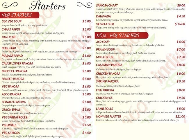 India 360 Menu, Menu for India 360, Whitchurch-Stouffville, Toronto ...