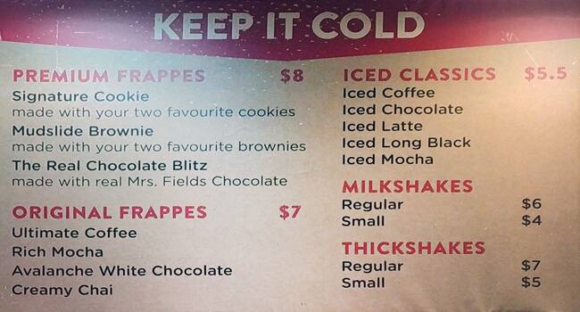 Menu at Mrs. Fields cafe, Ringwood