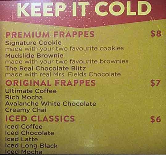 Menu at Mrs. Fields Bakery Café - Plenty Valley, Mill Park