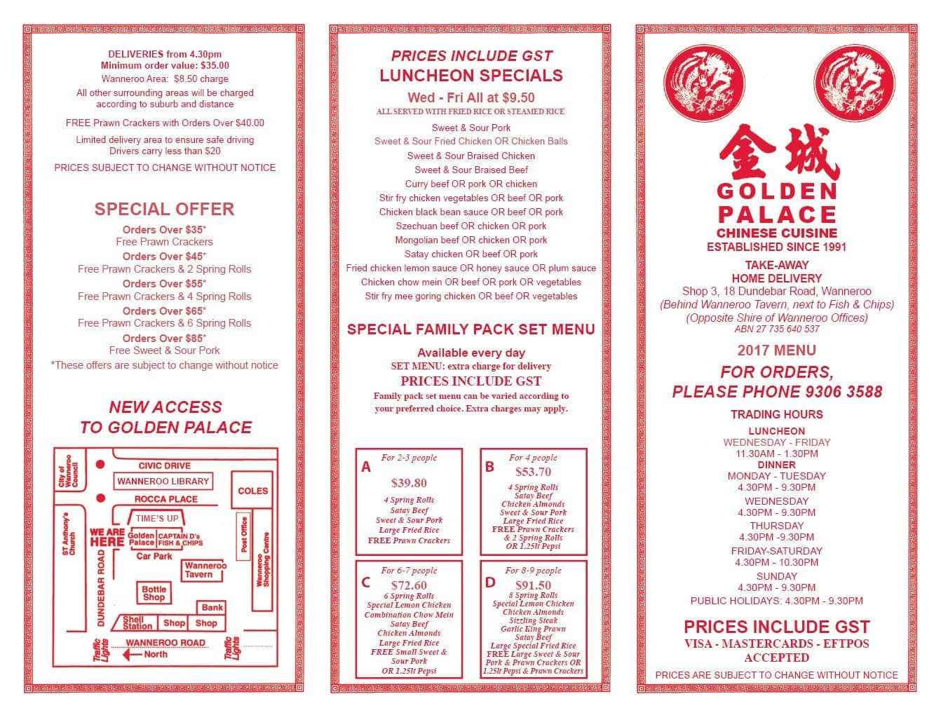 Menu at Golden Palace Chinese restaurant, Wanneroo