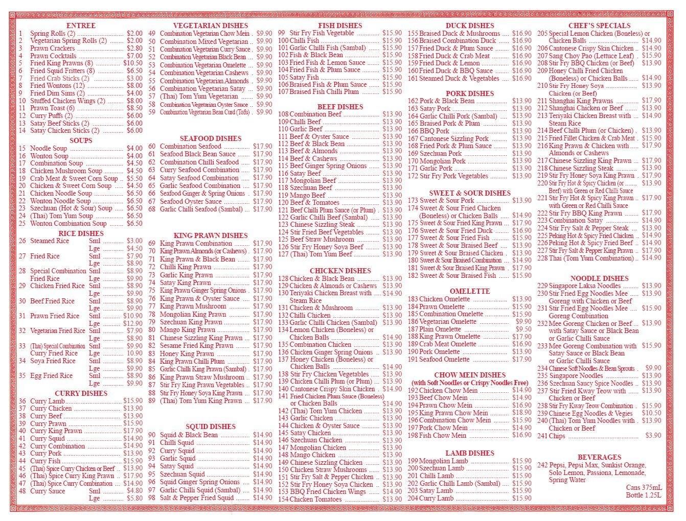 Menu at Golden Palace Chinese restaurant, Wanneroo