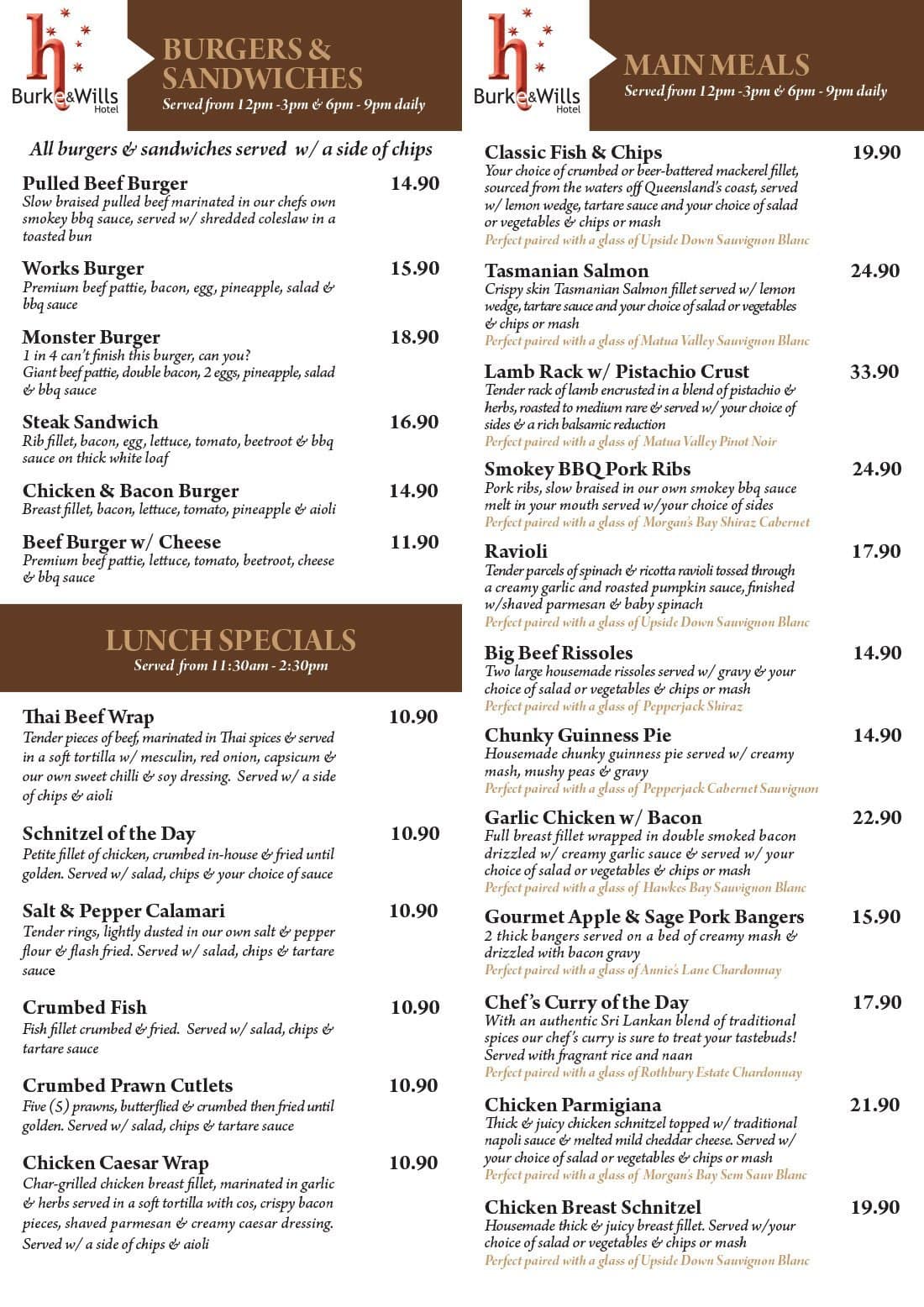 Menu at Burke & Wills Hotel restaurant, South Toowoomba