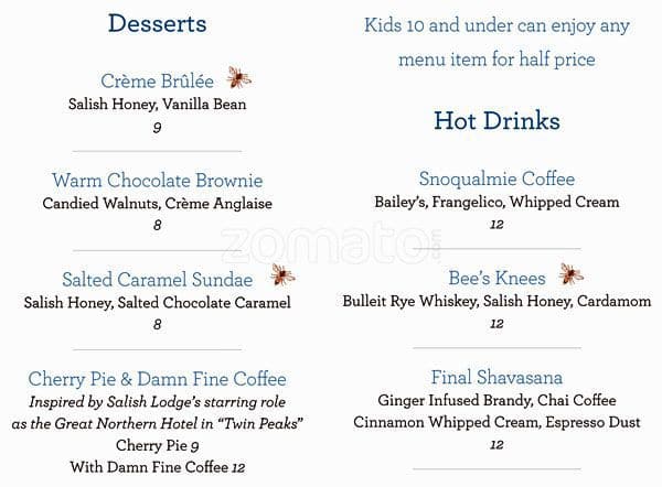 Menu at The Attic restaurant, Snoqualmie