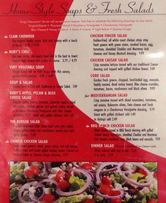 Menu at Ruby's Diner restaurant, King of Prussia
