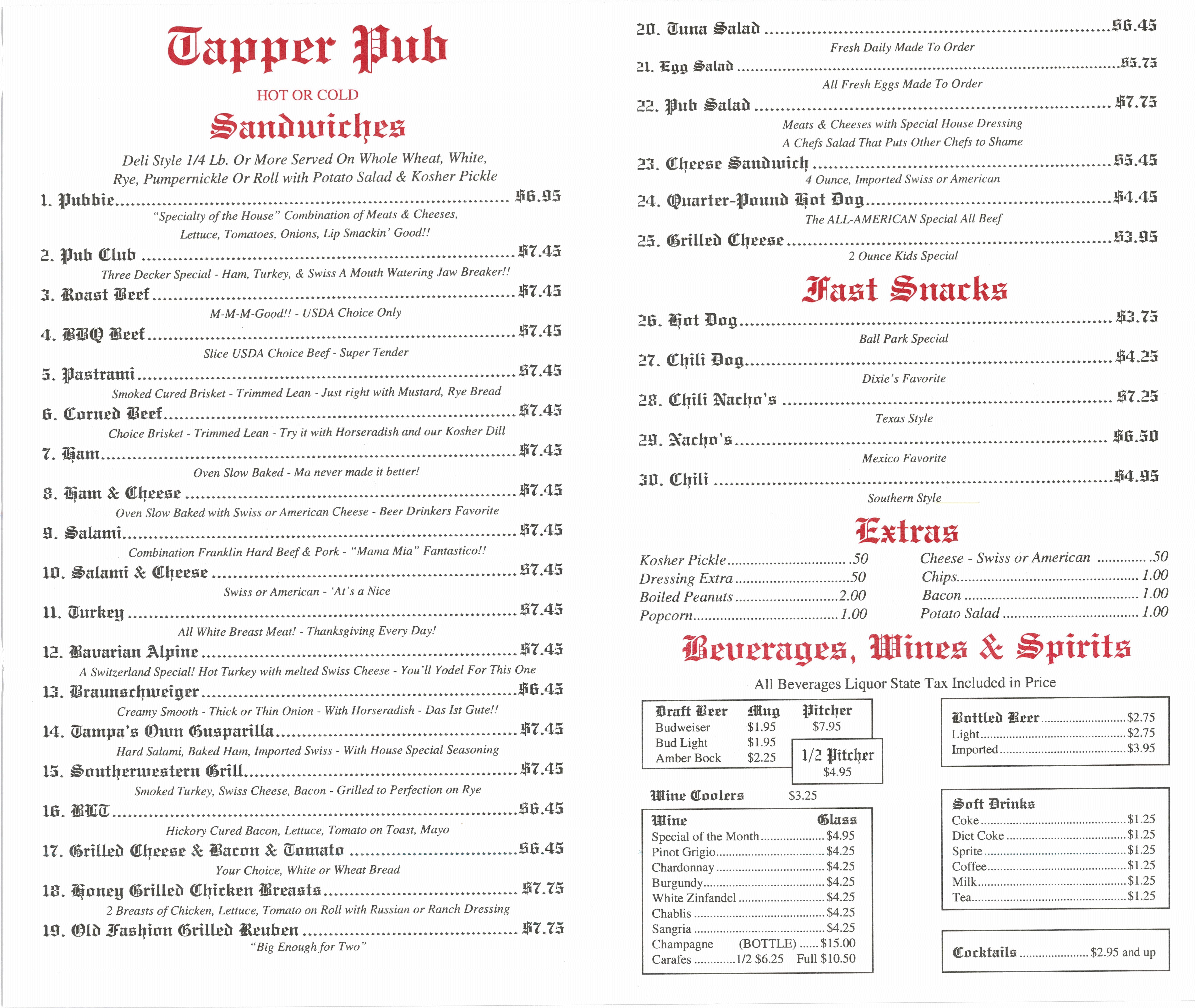 Menu at Tapper Pub, Tampa, Britton Plaza