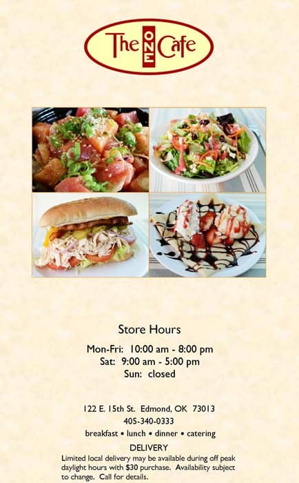 Menu at The One Cafe, Edmond, 122 E 15th St