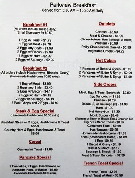 Menu at Parkview Restaurant, Corning