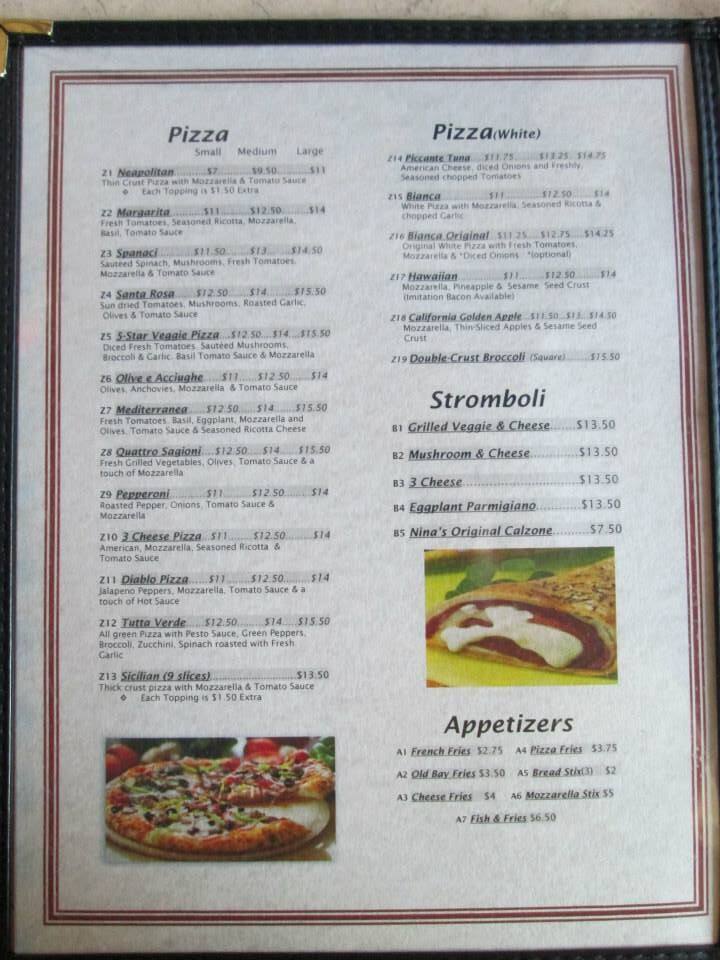 Menu at Nina's 5 Star Veggie Pizza pizzeria, Scranton