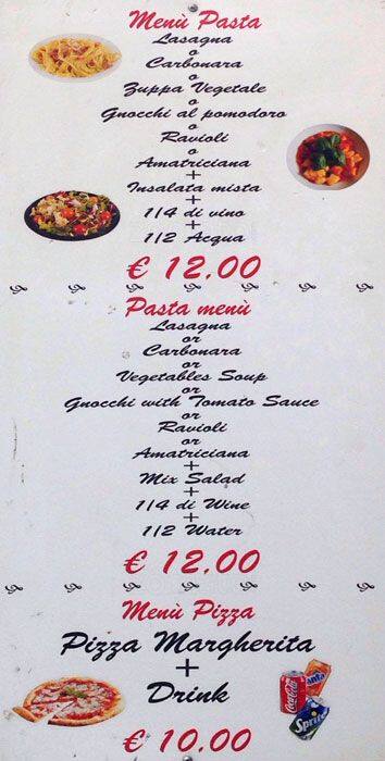 Menu at Settebello cafe, Rome