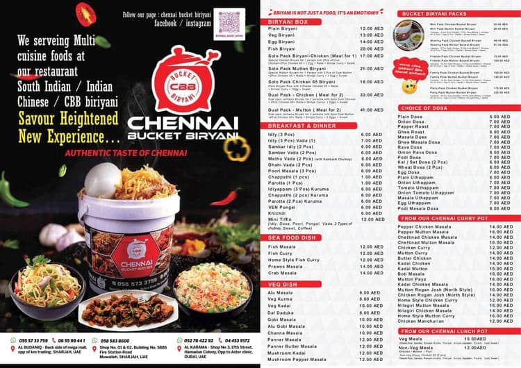 Menu of Chennai Bucket Biryani, Muwailih Commercial, Sharjah