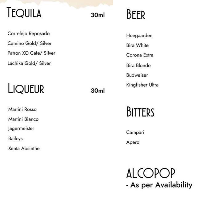 Menu at Sorano, Kolkata