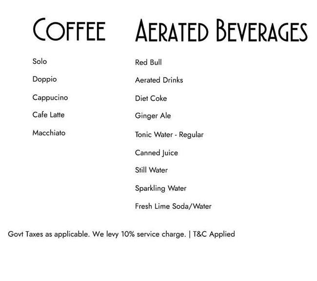 Menu at Sorano, Kolkata